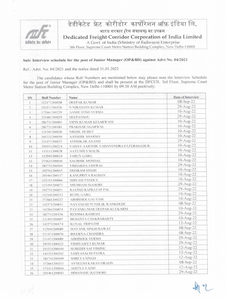 Interview Schedule JR MGR OP&BD - BJLL | PDF