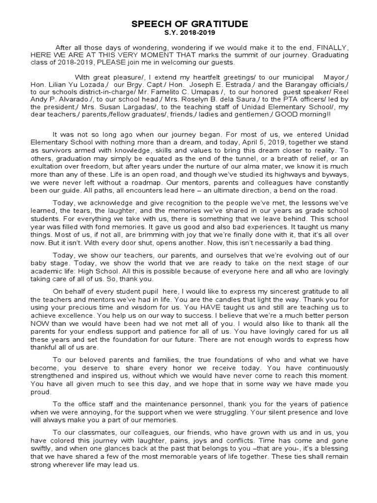 Speech of Gratitude | PDF | Teachers