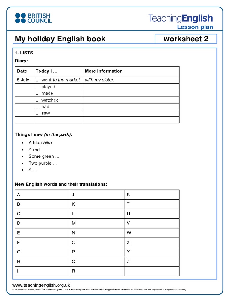 My Holiday English Book Worksheet 2: Lesson Plan | PDF