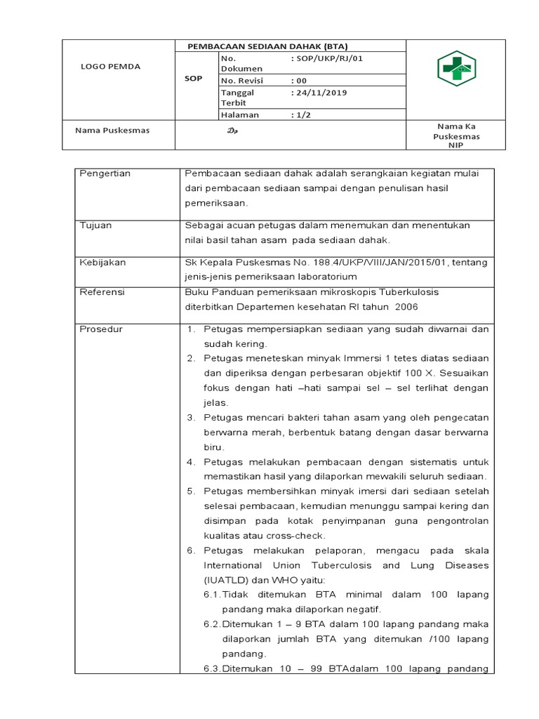 SOP Pembacaan BTA S | PDF