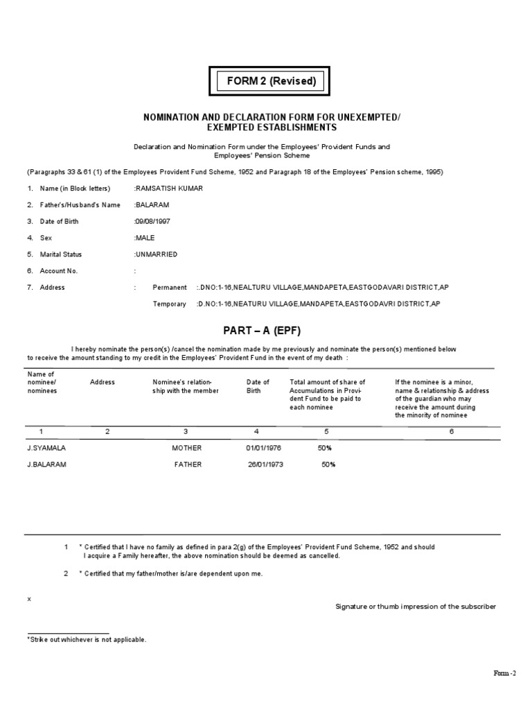 FORM 2 (Revised) : Nomination and Declaration Form For Unexempted ...