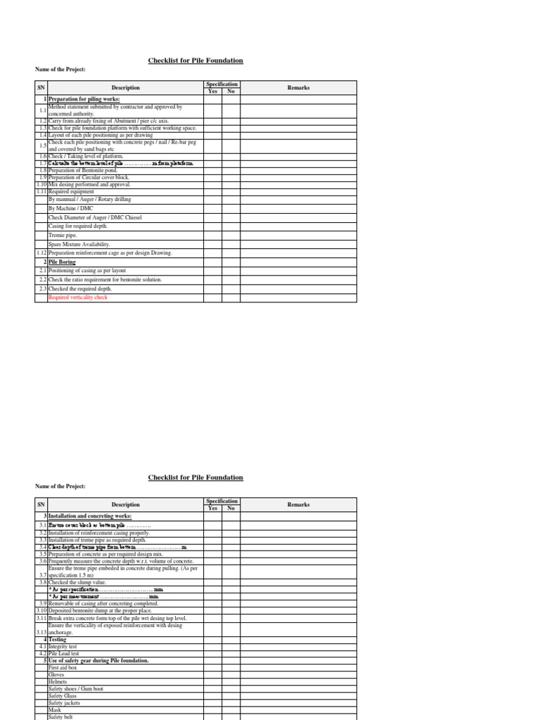Checklists Pile Foundation | PDF | Deep Foundation | Concrete