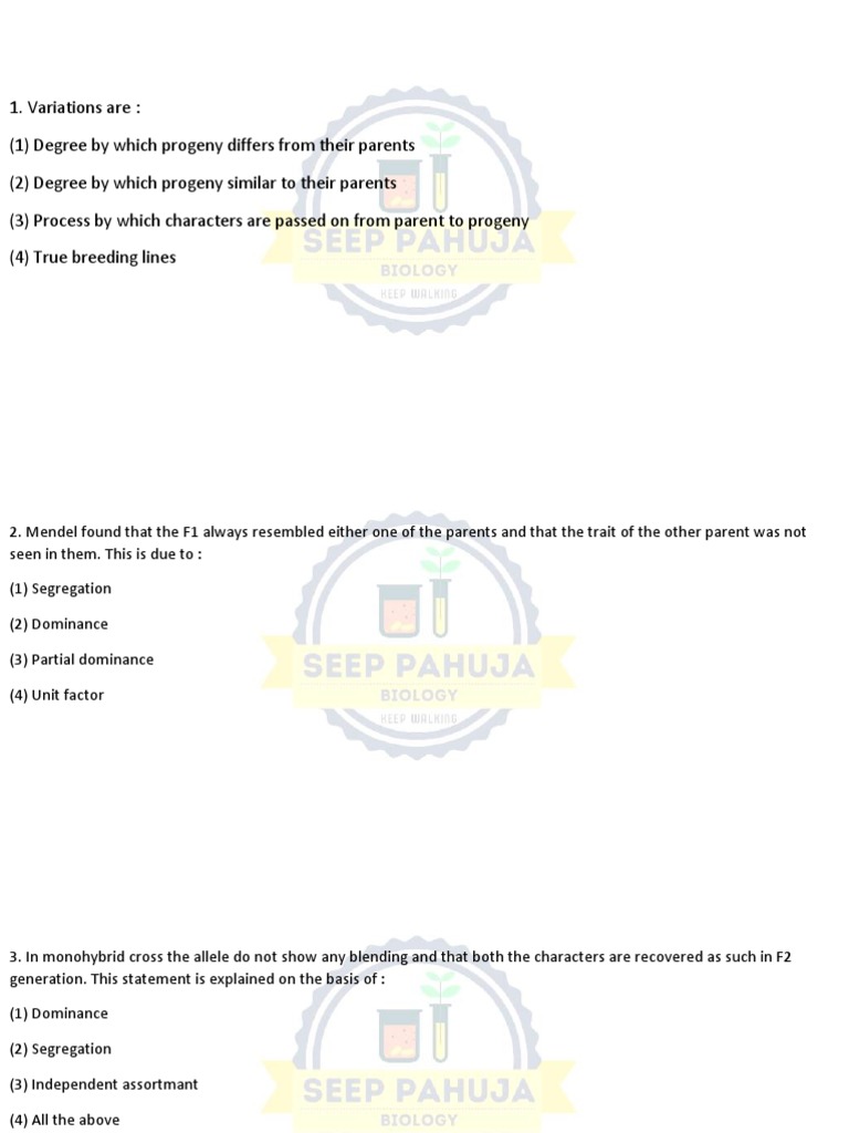 Principle of Inheritance 95 Mcqs | PDF | Dominance (Genetics) | Zygosity