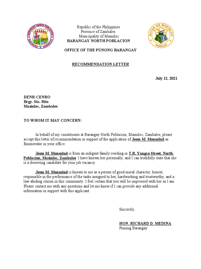 Recommendation Letter for Jessa Monsalud | PDF