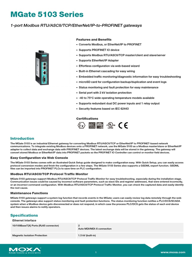 Mgate 5103 Series: 1-Port Modbus Rtu/Ascii/Tcp/Ethernet/Ip-To-Profinet Gateways | PDF ...
