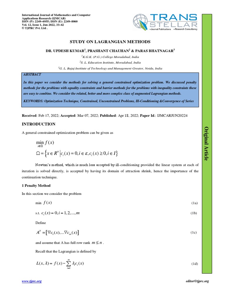 FX X RCX I CX I I: Study On Lagrangian Methods | PDF | Mathematical Optimization | Nonlinear ...
