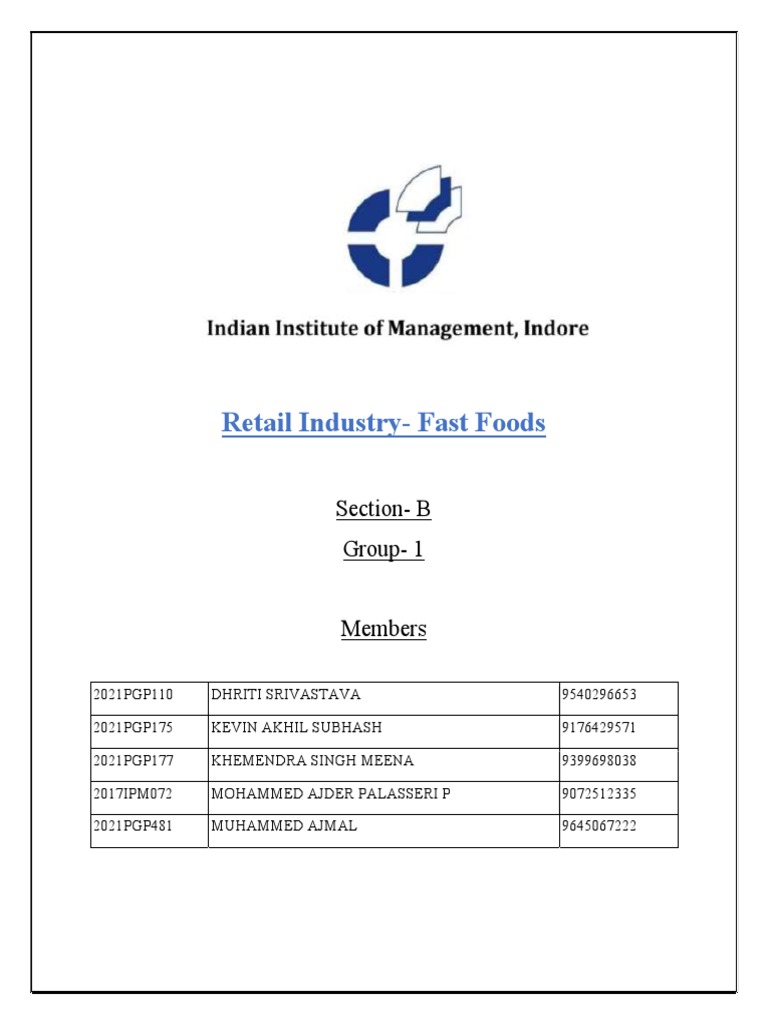 Retail Industry-Fast Foods: Section - B Group - 1 | Download Free PDF ...