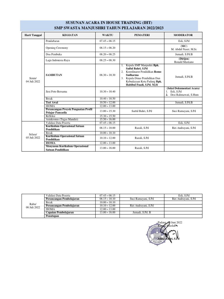 Jadwal Kegiatan IHT . | PDF