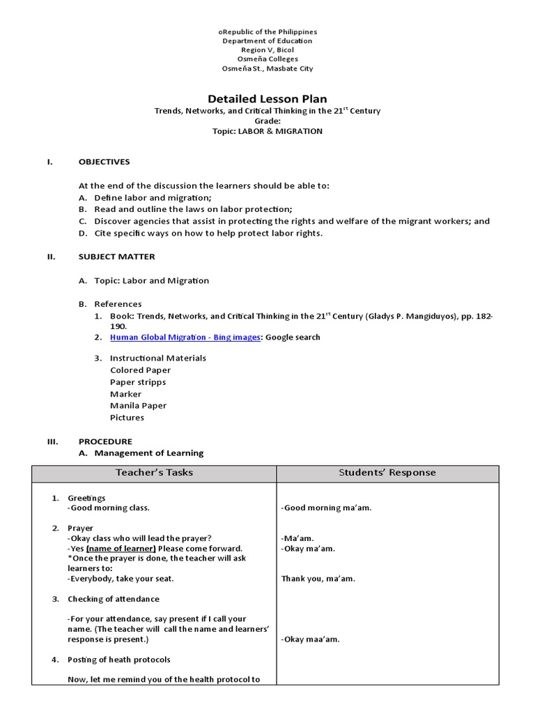 Detailed Lesson Plan: I. Objectives | PDF | Migrant Worker | Economies