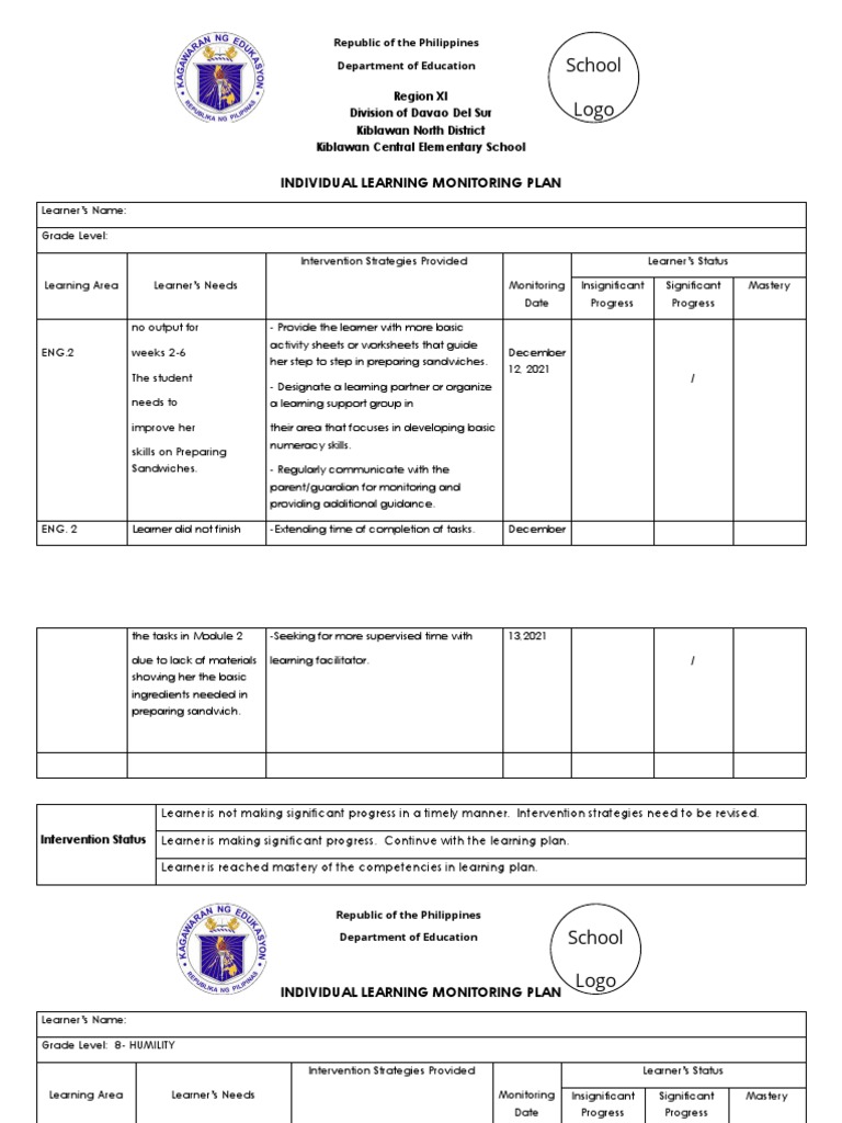 School Logo: Individual Learning Monitoring Plan | PDF | Learning ...