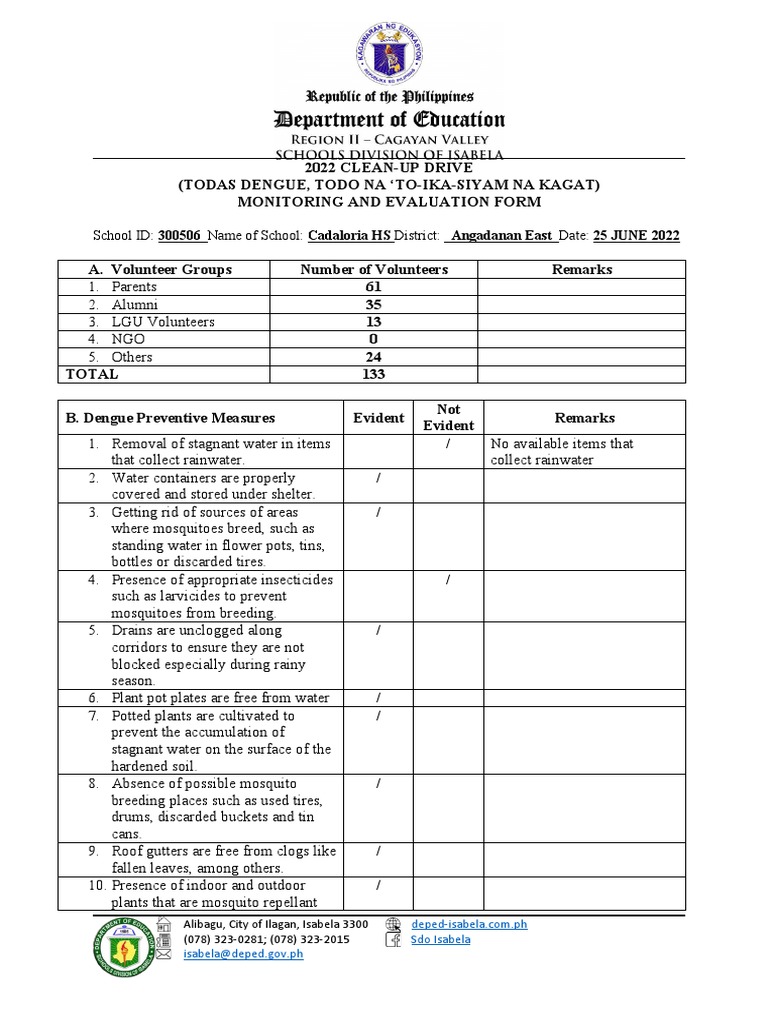 Cadaloria HS Clean-Up Drive Monitoring Form | PDF | Mosquito