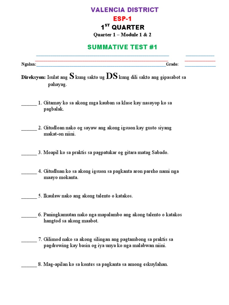 Quarter 1 Summative Test ESP | PDF
