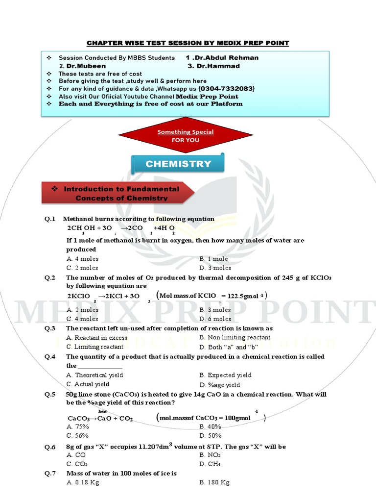 Chemistry Fundamentals Test Questions | PDF | Mole (Unit) | Molecules