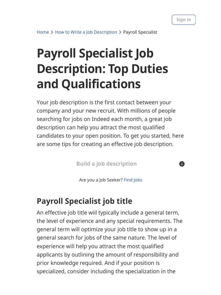 Payroll Specialist Job Description - Indeed | PDF | Payroll | Employment