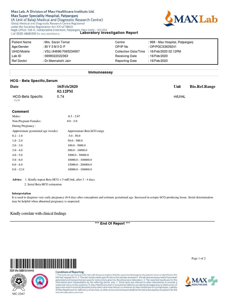 Date 16/feb/2020 02:12PM Unit Bio - Ref.Range: Laboratory Investigation ...