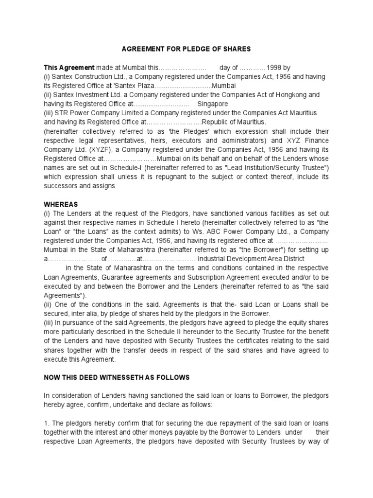 Agreement For Pledge of Shares | Download Free PDF | Loans | Securities ...