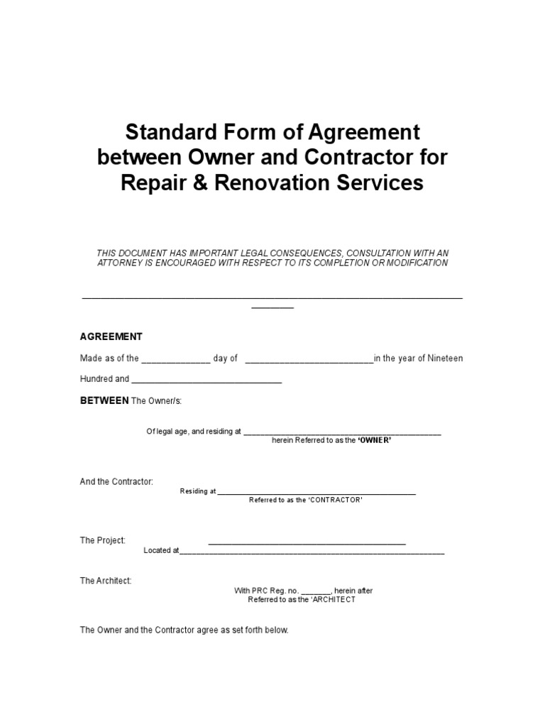 Owner-Contractor Renovation Agreement | PDF | Guarantee | Surety