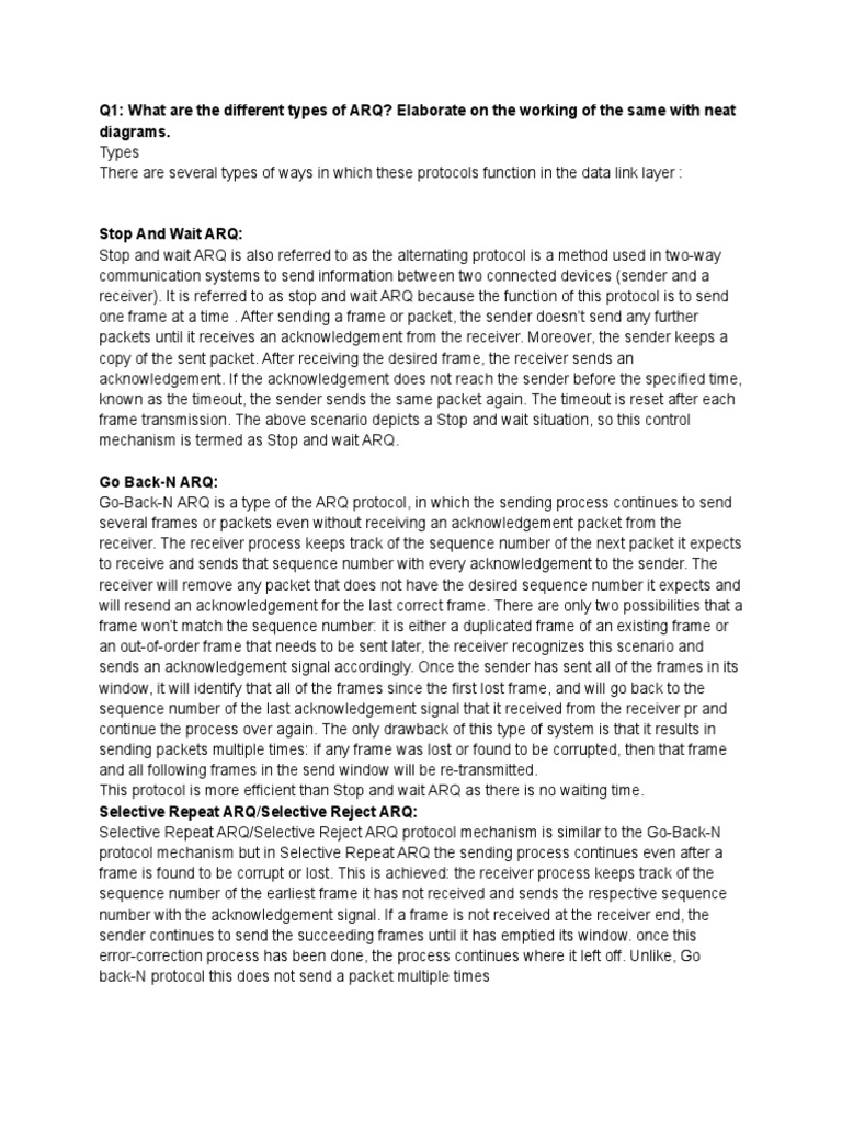Q1: What Are The Different Types of ARQ? Elaborate On The Working of ...