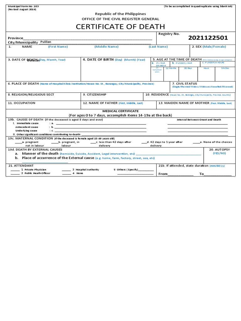 Certificate of Death: Republic of The Philippines Office of The Civil ...