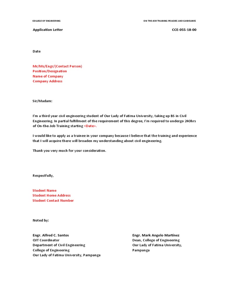 Application Letter CCE-055-18-00: Mr/Ms/Engr/ (Contact Person) Position ...