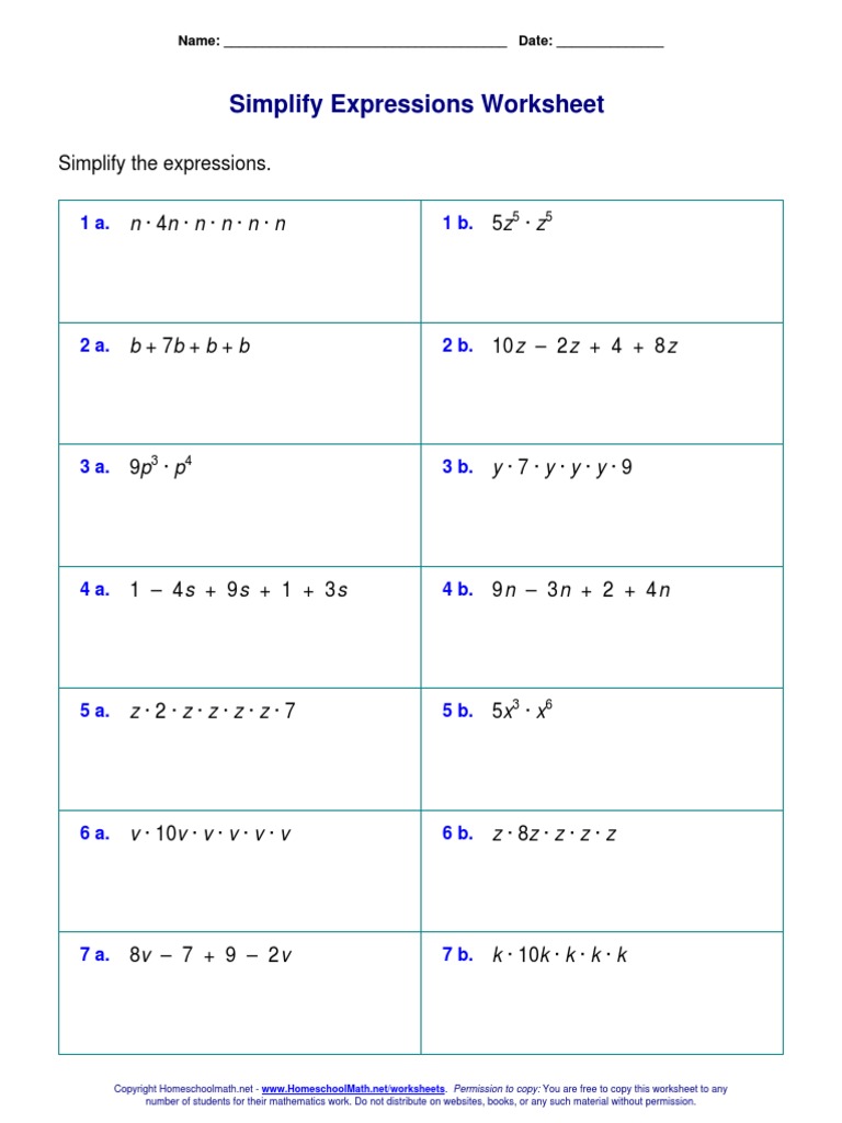 Simplify Expressions Worksheet-1 | PDF