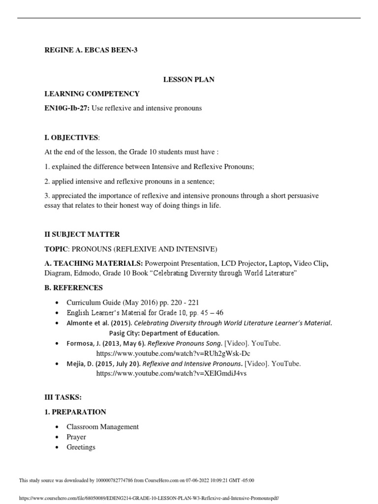 EDENG214 GRADE 10 LESSON PLAN W3 Reflexive and Intensive Promouns PDF ...