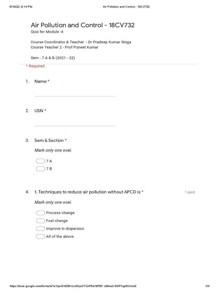 Air Pollution Quiz M - 4 - Google Forms | PDF | Physical Sciences ...
