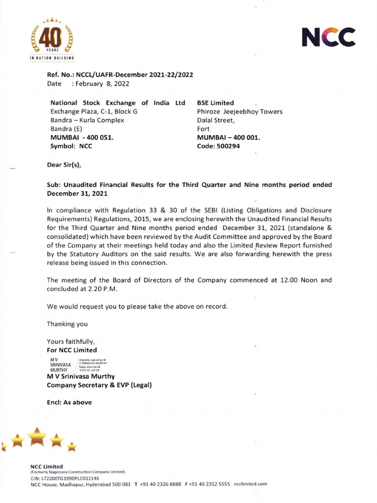 NCC Results - Q3 FY22 | PDF | Audit | Auditor's Report