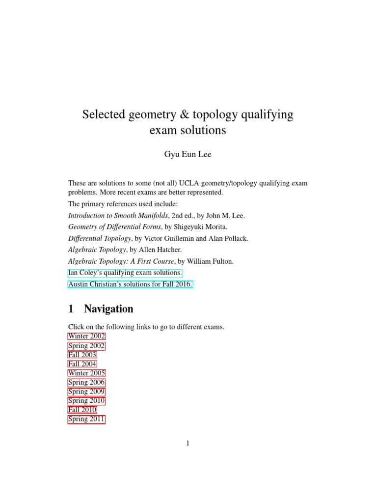 Selected Geometry & Topology Qualifying Exam Solutions: 1 Navigation ...