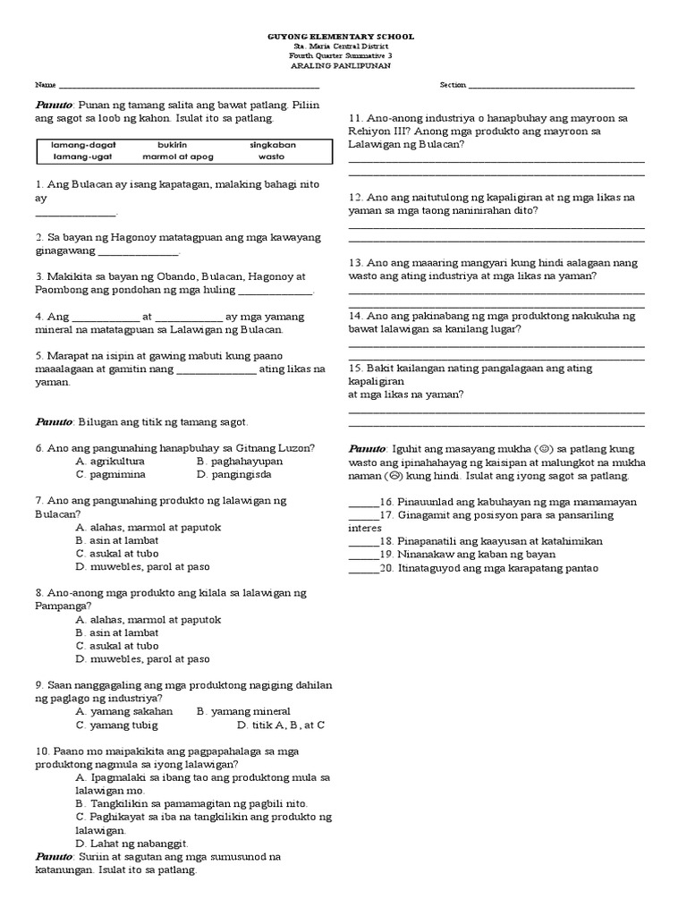 Panuto: Punan NG Tamang Salita Ang Bawat Patlang. Piliin | PDF