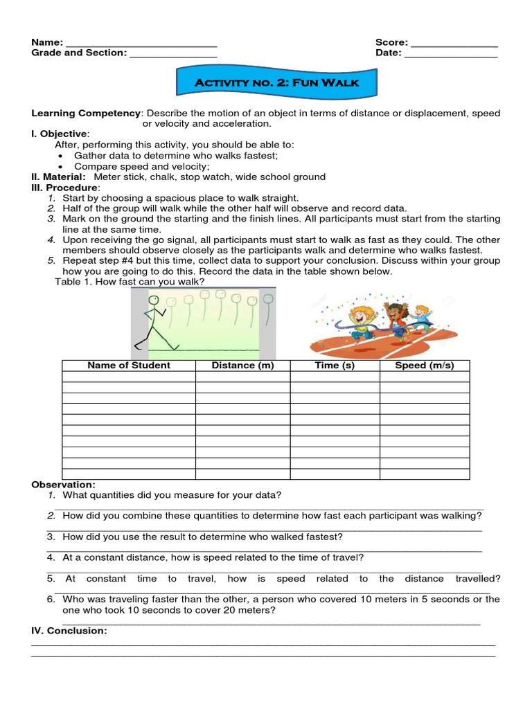 Science 7 Activity-Speed-Fun Walk | PDF | Speed | Time