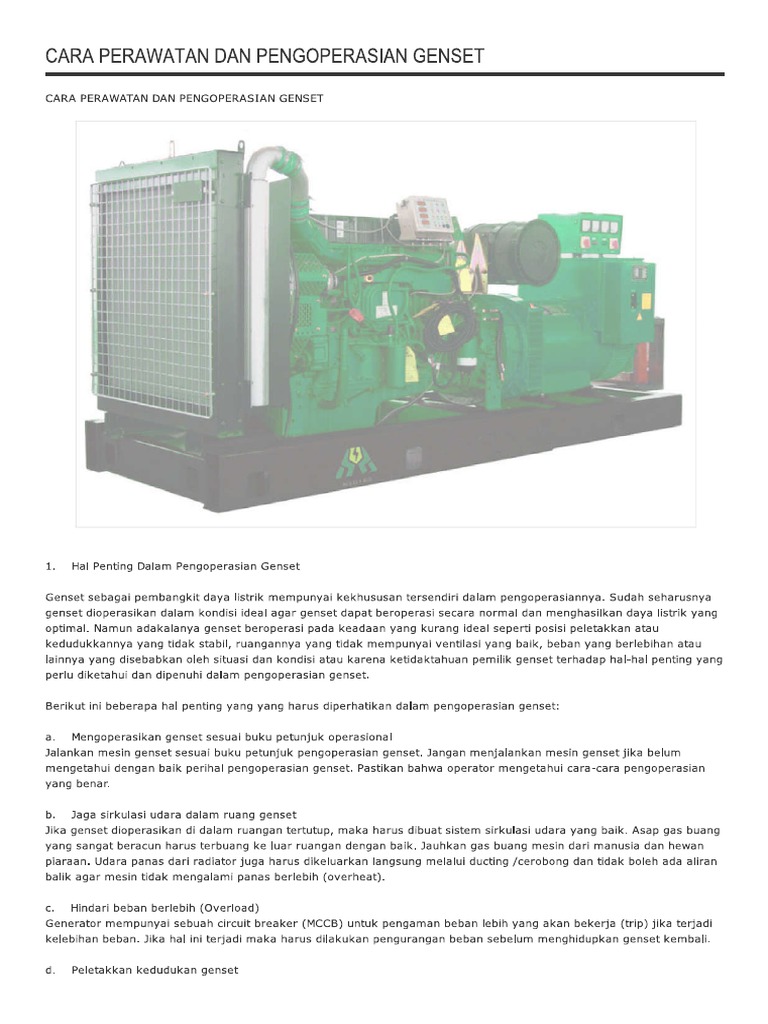 Cara Perawatan Dan Pengoperasian Genset | PDF