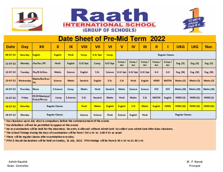 Date Sheet For 1 Term Exams. | PDF