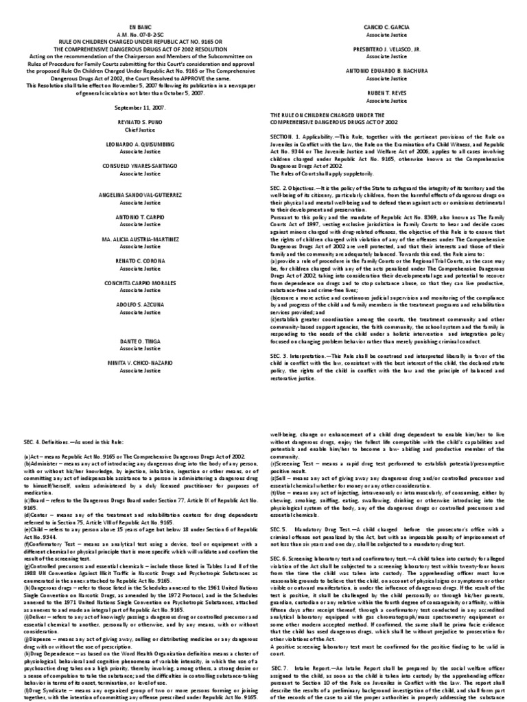 A.M. No. 07-8-2 SC Rules On Children Charged Under Ra 9165 | PDF ...