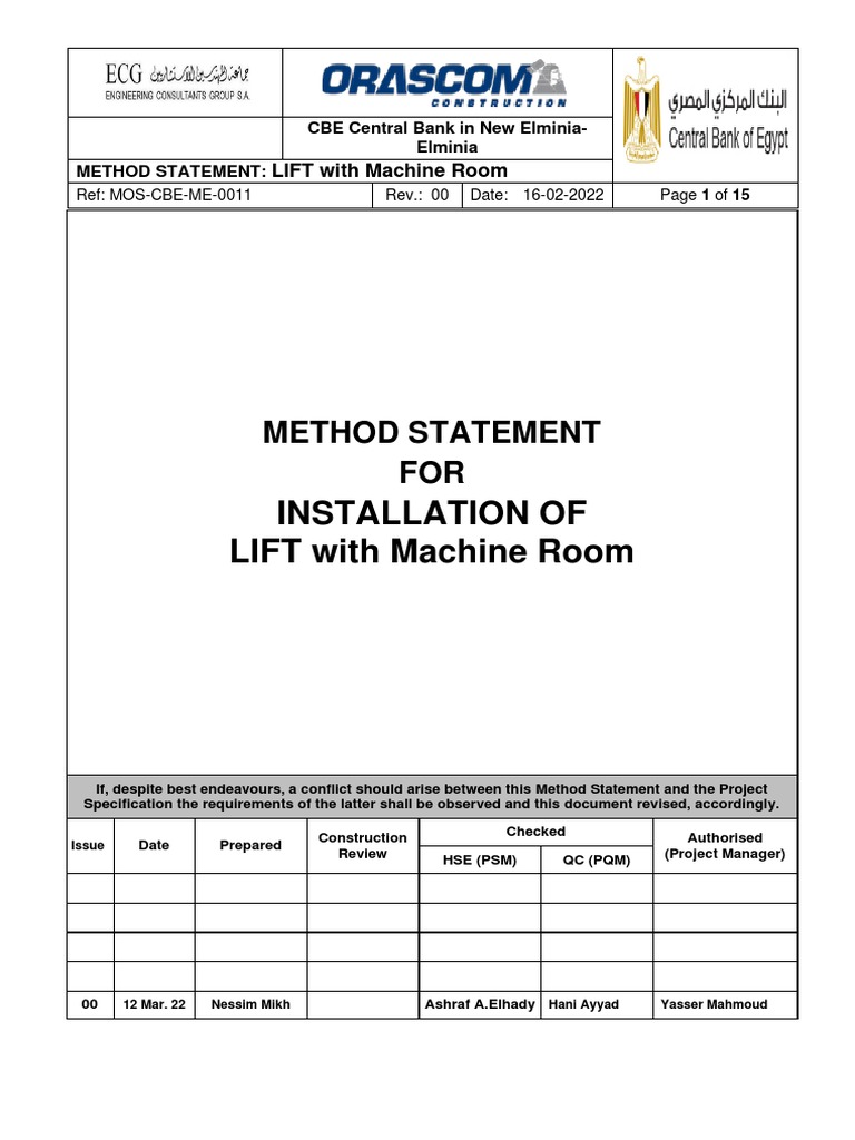 METHOD STATEMENT LIFT With Machine Room | PDF | Elevator | Concrete