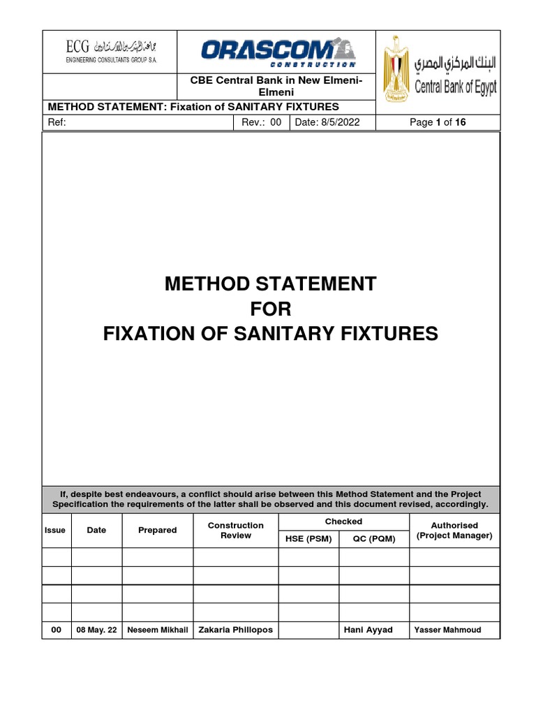 Method Statement Fixation of Sanitary Fixtures | PDF | Personal ...