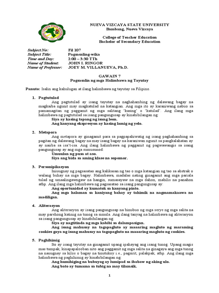 Gawain 7 Pagsasalin NG Mga Halimbawa NG Tayutay | PDF