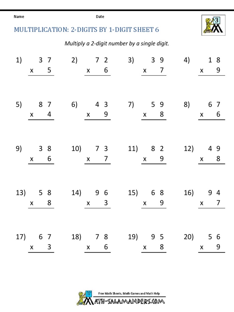 Multiplication: 2-Digits by 1-Digit Sheet 6: Multiply A 2-Digit Number ...