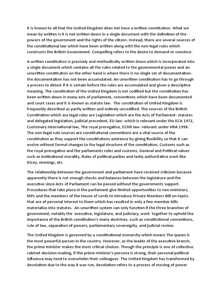 UK Constitution: Written vs Unwritten Debate | PDF | Constitution ...