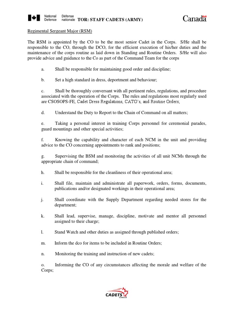 RSM Role and Responsibilities | PDF | Non Commissioned Officer | Cadet