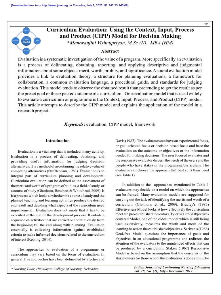 Curriculum Evaluation: Using The Context, Input, Process and Product ...