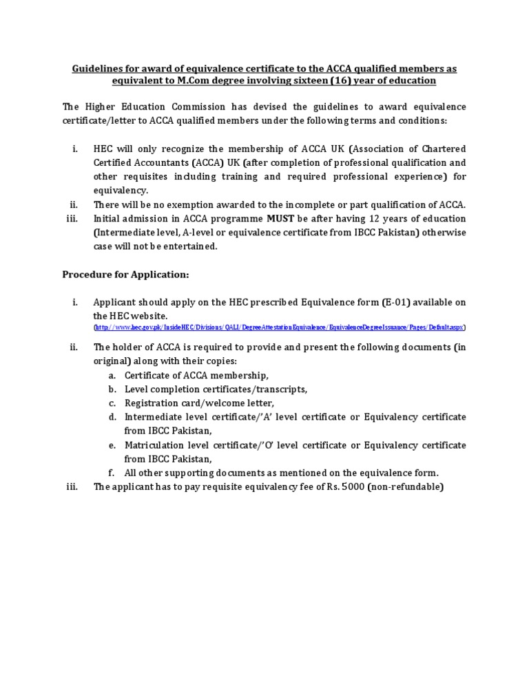 Guidelines For Award of Equivalence Certificate To ACCA Qualified ...