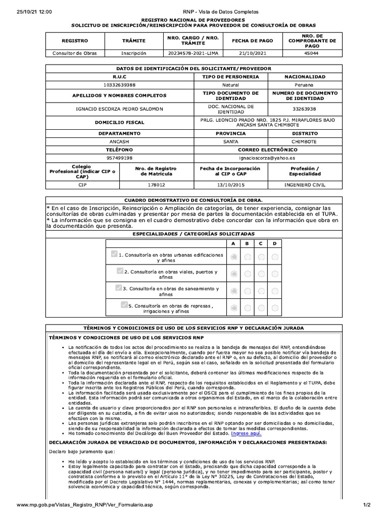 RNP - Vista de Datos Completos Formulario Consultor de Obras Pedro Ignacio Escorza - 2021 | PDF