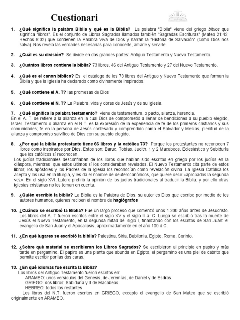 Cuestionario sobre la Biblia y sus libros | PDF | Biblia | Viejo Testamento
