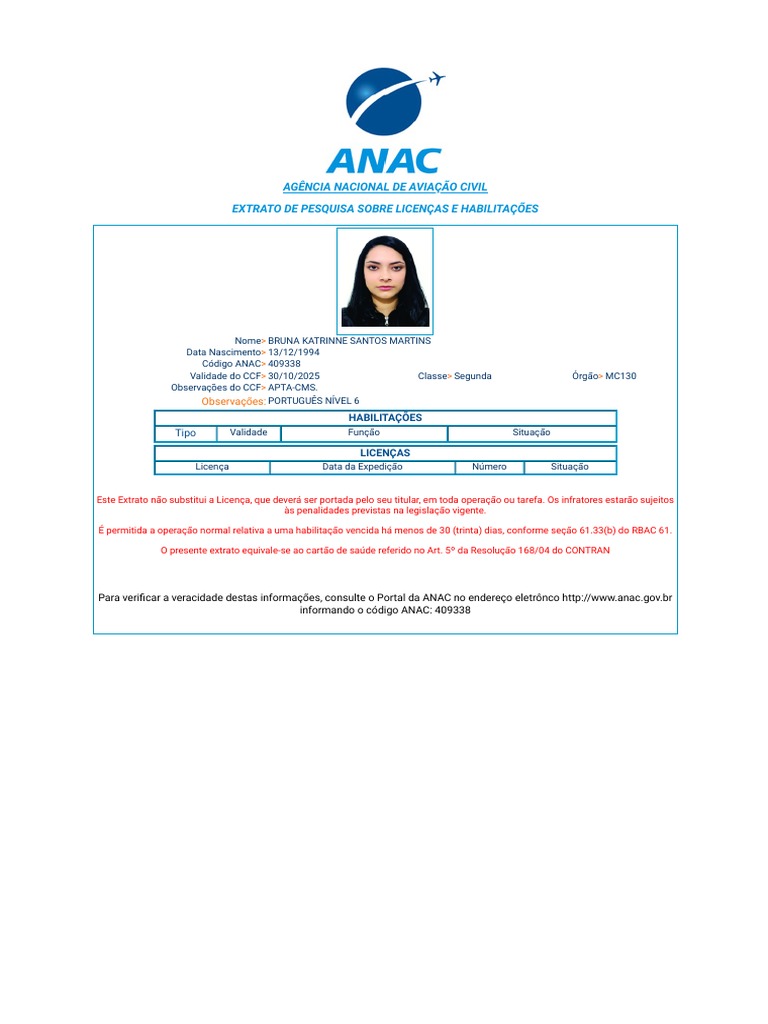 ANAC - Impressão de Pesquisa de Licença | PDF