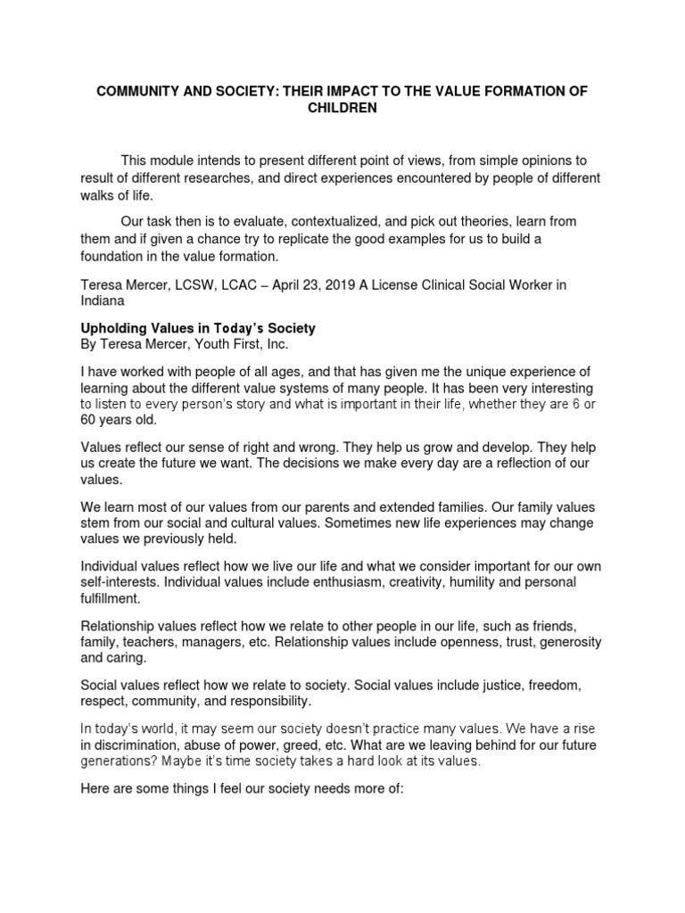 Community and Society: Their Impact To The Value Formation of Children ...