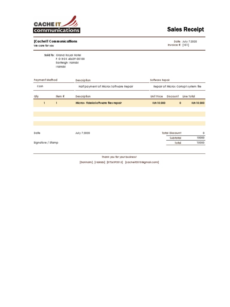 Sales Receipt: (Cacheit Communicattions | PDF