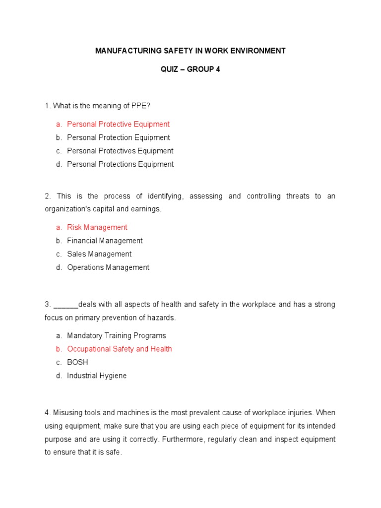 Quiz Group 4 - Manufacturing Safety in Work Environment | PDF ...