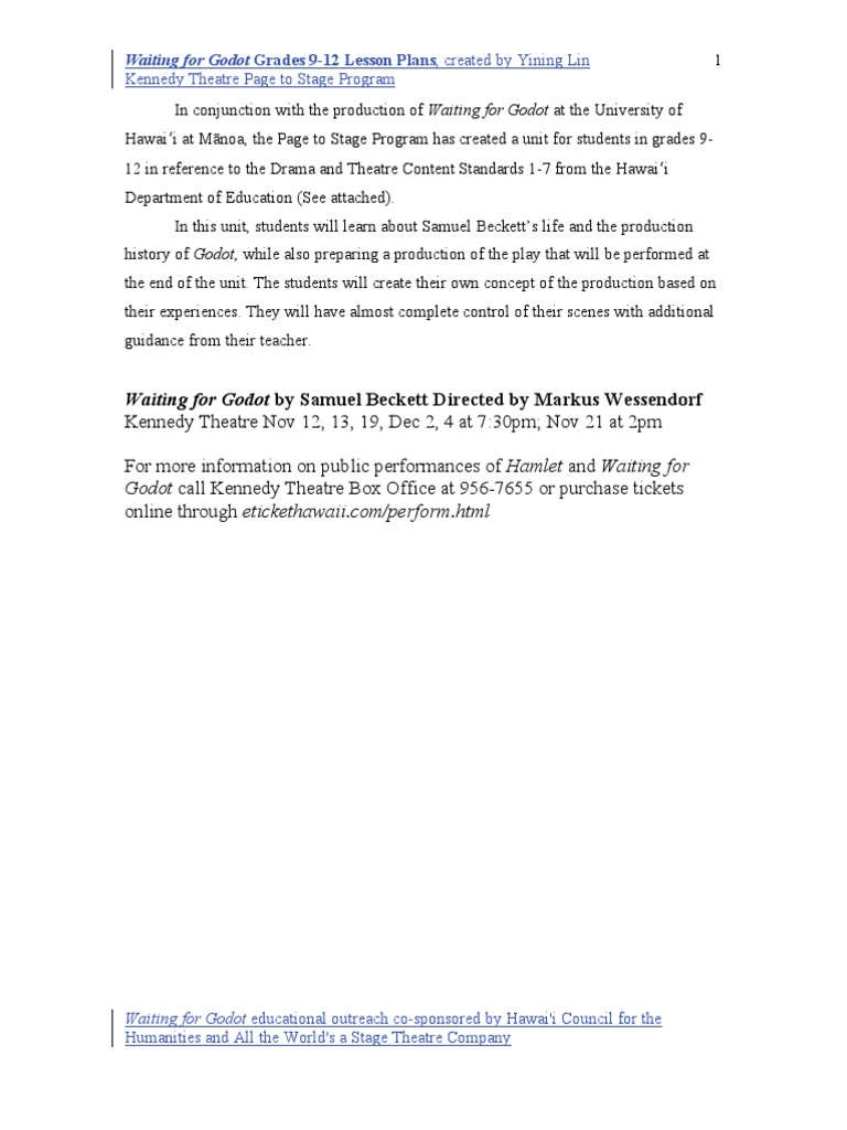 Waiting For Godot Lesson Plans | PDF | Theatre | Samuel Beckett