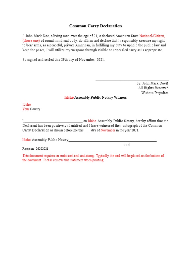 Common Carry Declaration: National/Citizen, (Chose One) | PDF